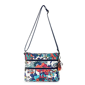 Sakroots Basic Crossbody Bag in Coated Canvas, Multifunctional Purse with Adjustable Strap & Zipper Pockets, Lake Flower Power