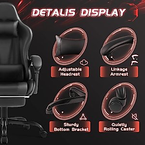 Shahoo Gaming Chair with Footrest and Massage Lumbar Support, Video Racing Seat Height Adjustable with 360°Swivel and Headrest for Office or Bedroom, Black