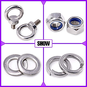 36Pcs 304 Stainless Steel M6 Male Thread Lifting Ring Eye Bolt Kit, Including 6Pcs M6 Eye Bolt with 10Pcs Lock Nuts, 10Pcs Lock Washers and 10Pcs Flat Washers