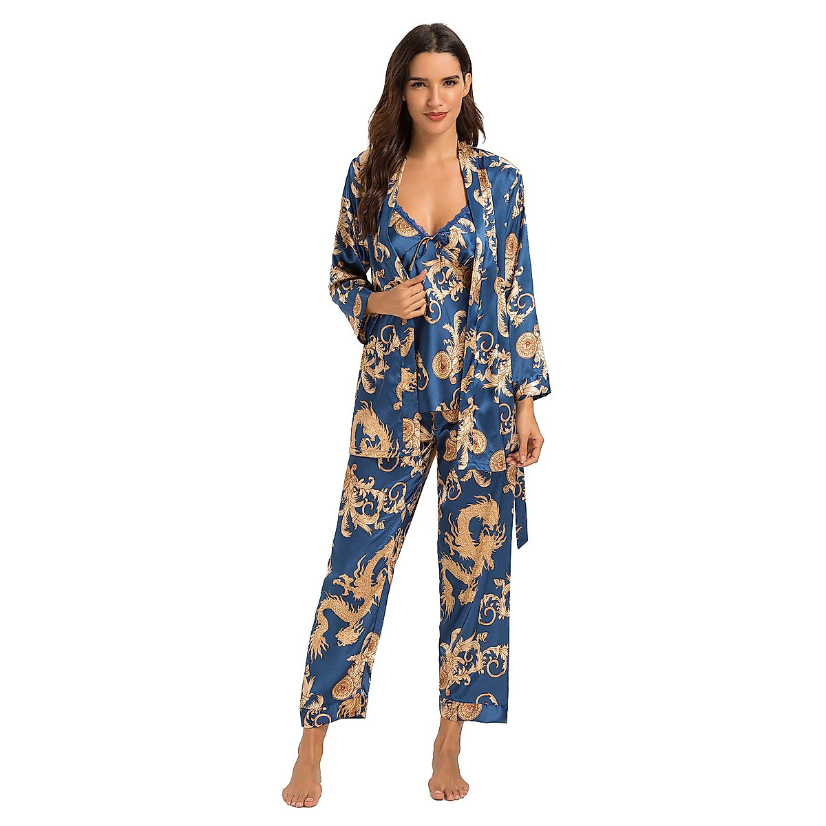 Escalier Women's Silk Satin Pajamas Set 3 Pcs Floral Silky Pj Sets Sleepwear Cami Nightwear with Robe and Pants Navy M