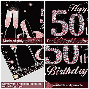 Excelloon Happy 50th Birthday Banner Backdrop Decorations for Women, Rose Gold Happy 50 Year Old Birthday Party Poster Supplies Photo Props, Fifty Birthday Party Decor Sign (6 X 3.6ft)