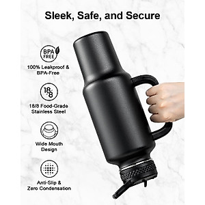 Trebo 40 oz Water Bottle Insulated Fit Car Cup Holder with Handle, Stainless Steel Water Bottles Tumbler with Spout Straw Lids, Double Wall Travel Reusable Flask, Leakproof Mug,Keep Cold &Hot,Black