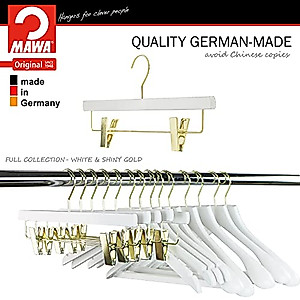 MAWA by Reston Lloyd, European Wooden Hanger, Beech Wood Hanger with Adjustable Pant Clips, Rotating Gold Hook, White Finish, for Pants, Shorts, & Skirt Clothes Hanger