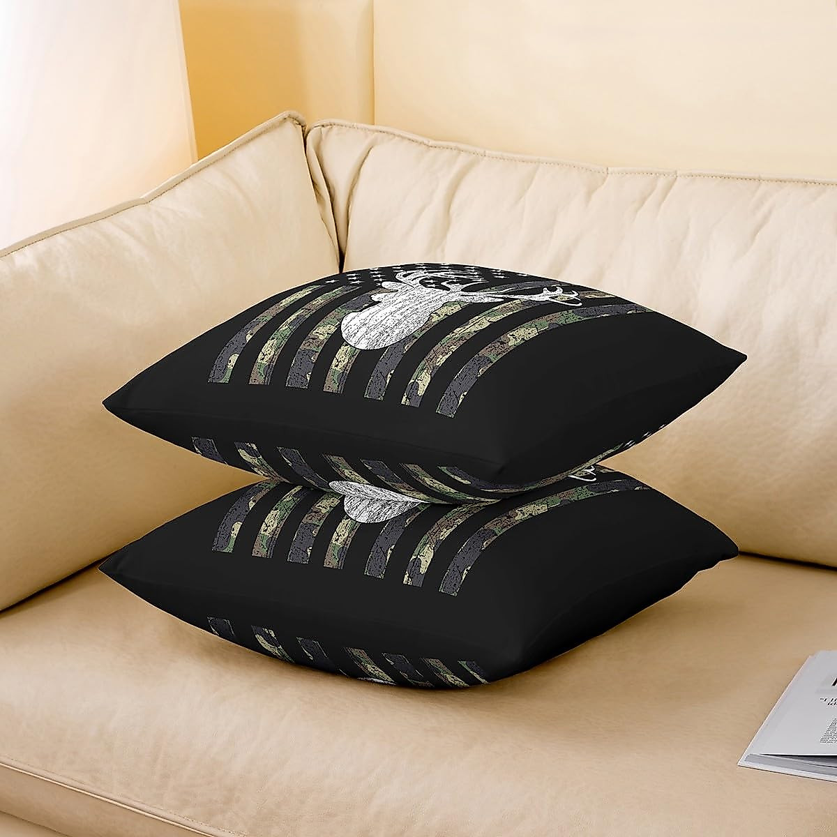 American Flag Cushion Covers 18x18 Set of 2, Deer Hunting Camo Throw Pillow Covers For Outdoors Car Chair, Military Camouflage Pillow Covers, Western Rustic Farmhouse Stars Stripes Cushion Cases