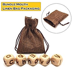 Hometu 5Pcs/Set 20MM Wooden Letter Dice Set, 6-Sided English Letter Pattern Engraved Wood Rolling Dices with Linen Bag, Yellow