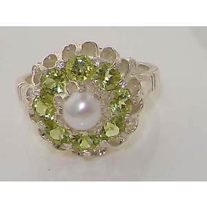 925 Sterling Silver Cultured Pearl and Peridot Womens Band Ring - Size 10