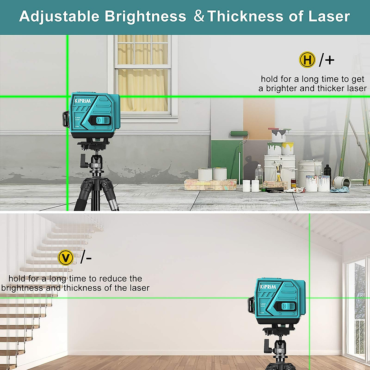 Kiprim 3x360° Green Laser Level Self-Leveling Tool 100ft for Construction Adjustbable Brightness, Remote Controller, Magnetic Rotating Stand,Portable Bag and Adapter Included