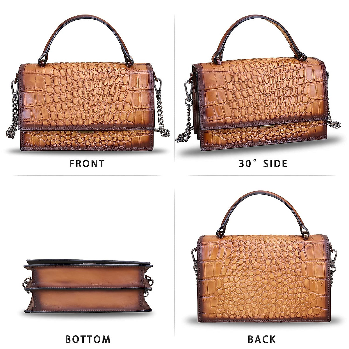 Genuine Leather Handbags for Women Retro Handmade Small Satchel Purse Luxury Top Handle Real Leather Embossed Design Crossbody Bag (Brown)