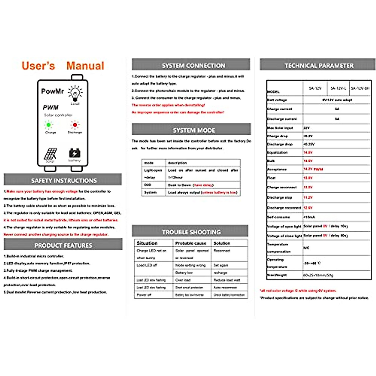 5A Waterproof Solar Charge Controller 6V/12V Auto, 5 amp Solar Panel Charging Regulator IP67 Waterproof 24Hours Load on for Lead-Acid (AGM Gel Seal Flooded) Battery