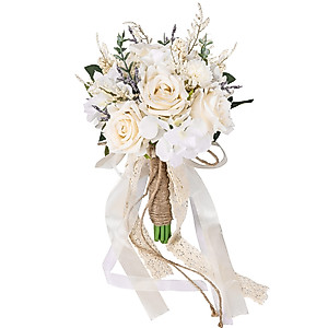 CEWOR Wedding Bouquets for Bride Bridesmaid, White Champagne Artificial Roses Flowers Wedding Decoration (7.5in)
