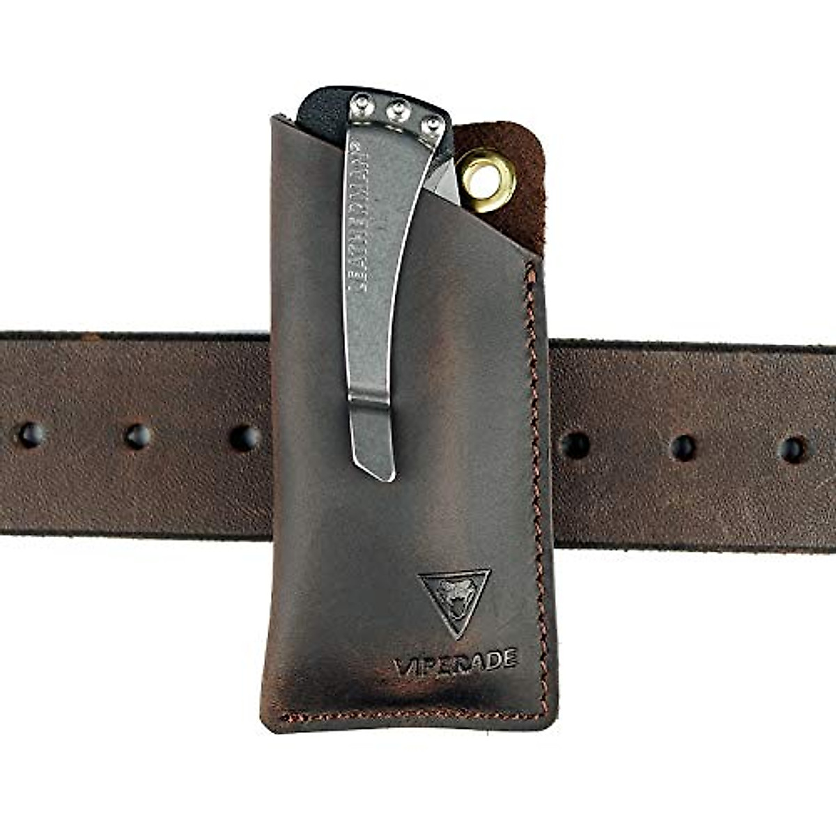 VIPERAED PJ11 Leather EDC Pocket Slip for Folding Knife, Mini Knife/Flashlight/Multitool and Other EDC Gear Leather Holster, Small Leather Utility Knife Sheath for Belt(Brown)