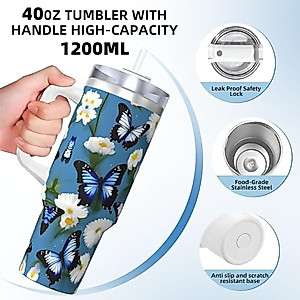 HULIBIN Blue Butterflies White Flowers Print Double Deck Stainless Steel Travel Coffee Cup With Lid 40 Oz Ice Bully Cup