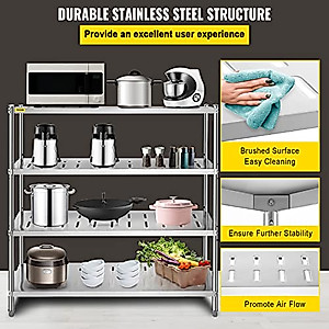VEVOR Storage Shelf, 4-Tier Storage Shelving Unit, Stainless Steel Garage Shelf, 47.2 x 17.7 x 61 inch Heavy Duty Storage Shelving, 529 Lbs Total Capacity with Adjustable Height and Vent Holes