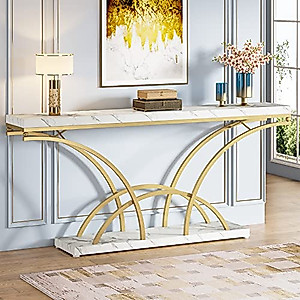 LITTLE TREE Faux Marble Console Sofa Table with Gold Half-Moon Legs,Mid-Century Modern Accent Tables for Entryway, Living Room