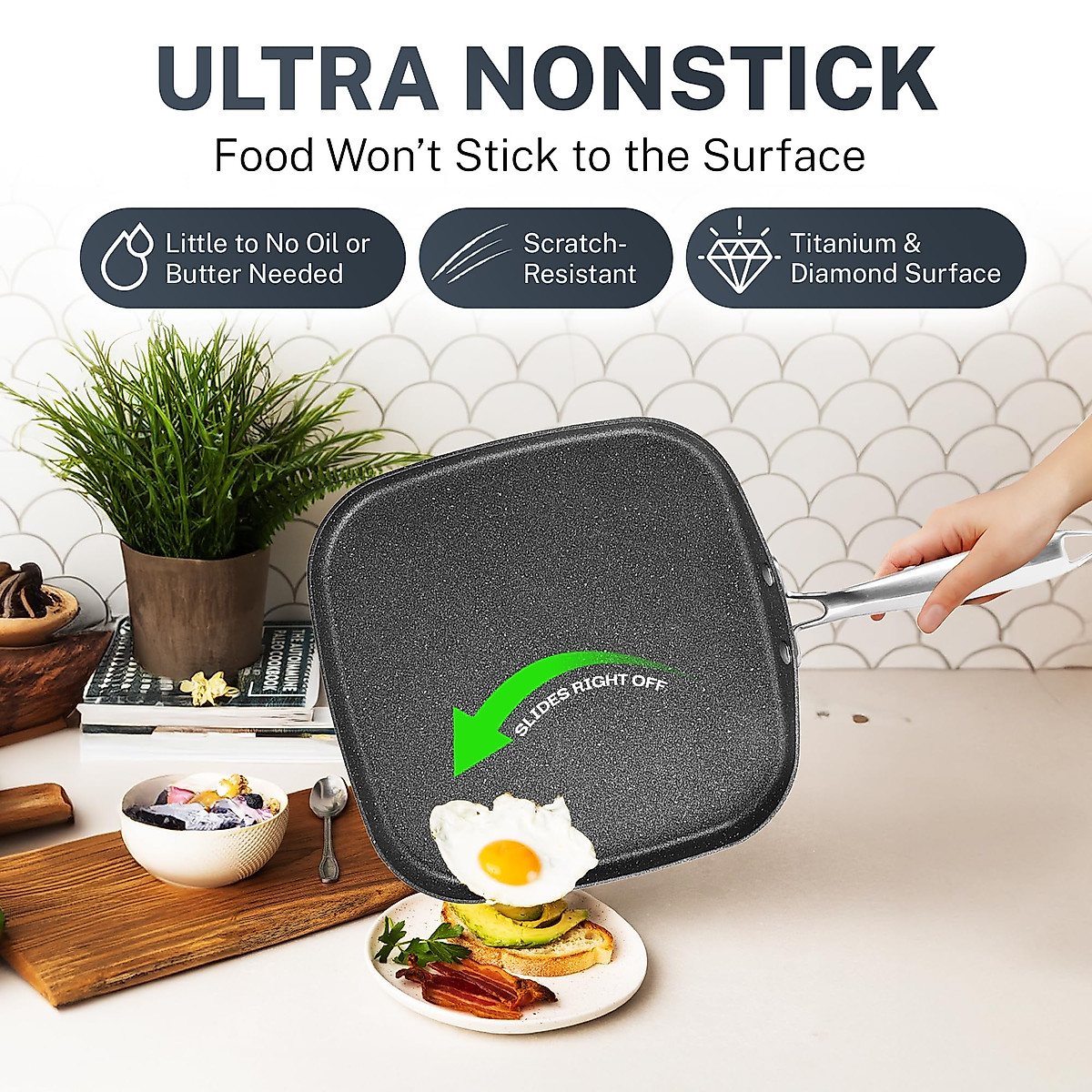 Granitestone 2 Pack Nonstick 10.5” Grill Pan + Flat Griddle Pan for Stove Top with 3x Coated Surface Perfect for Eggs Pancakes Steaks and More, Stove Top Griddle for Gas Grill, Oven Safe, PFOA Free