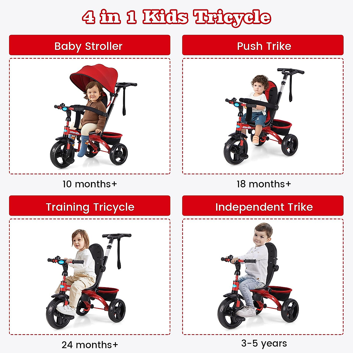 INFANS Kids Tricycle, 6 in 1 Stroll Trike with Adjustable Push Handle, Removable Canopy, Retractable Foot Plate, Lockable Pedal, Detachable Guardrail, Suitable for 10 Months to 5 Years (Red)
