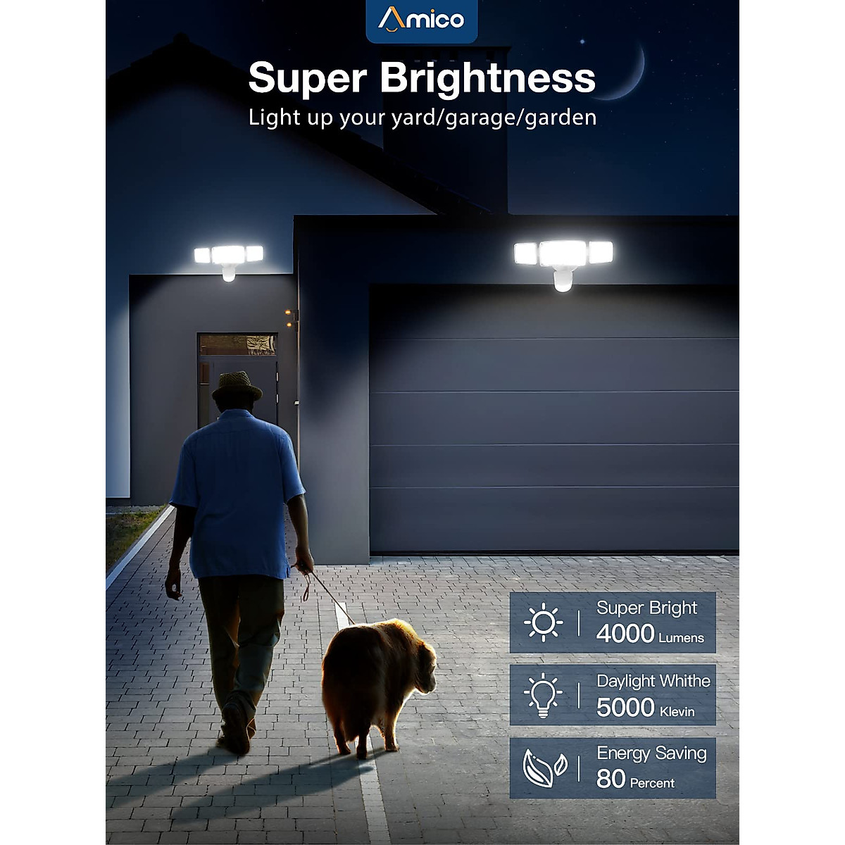 Amico 3 Head LED Security Lights with Motion Sensor, Adjustable Motion Detected Flood Light 40W 4000LM, 5000K, IP65 Waterproof, Outdoor Motion Sensor Light for Garage, Yard, Entryways(White)