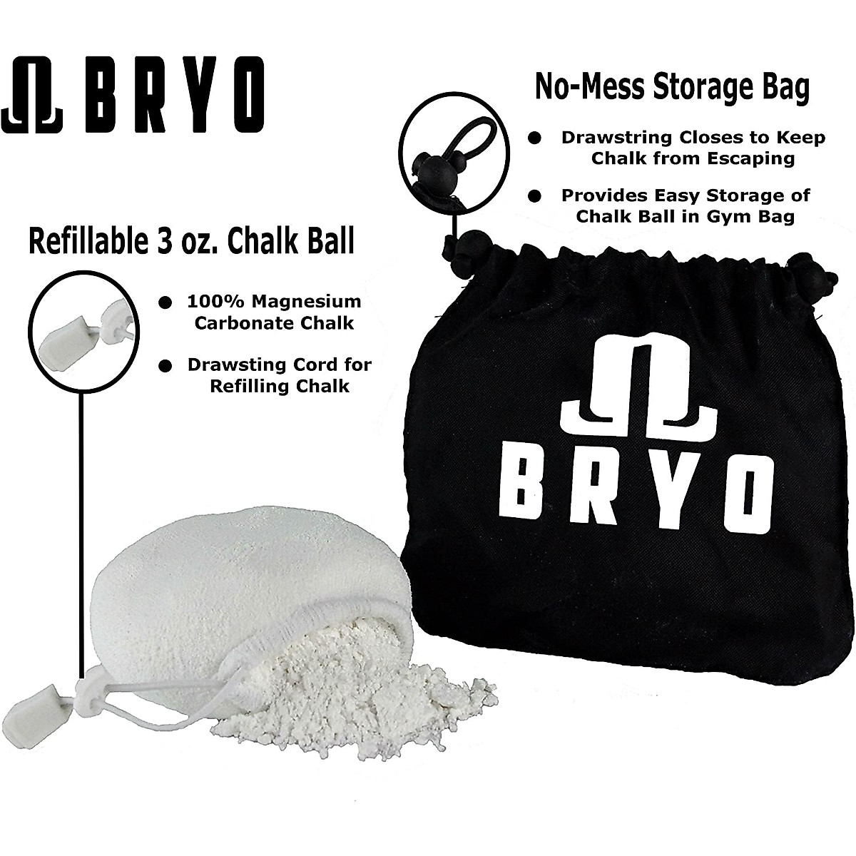 Chalk Ball 3 oz with Storage Bag - Premium Chalk for Rock Climbing, Weightlifting, Gymnastics, Crossfit & More - Mess Free Gym Chalk with Refillable Sock - Natural Drying Formula