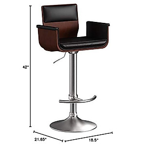 AC Pacific Adjustable Height Swivel Bar Stool - Modern Kitchen Counter Pub Chair with Cushioned Seat, Armrests and Back, 24"-33", Black/Wood