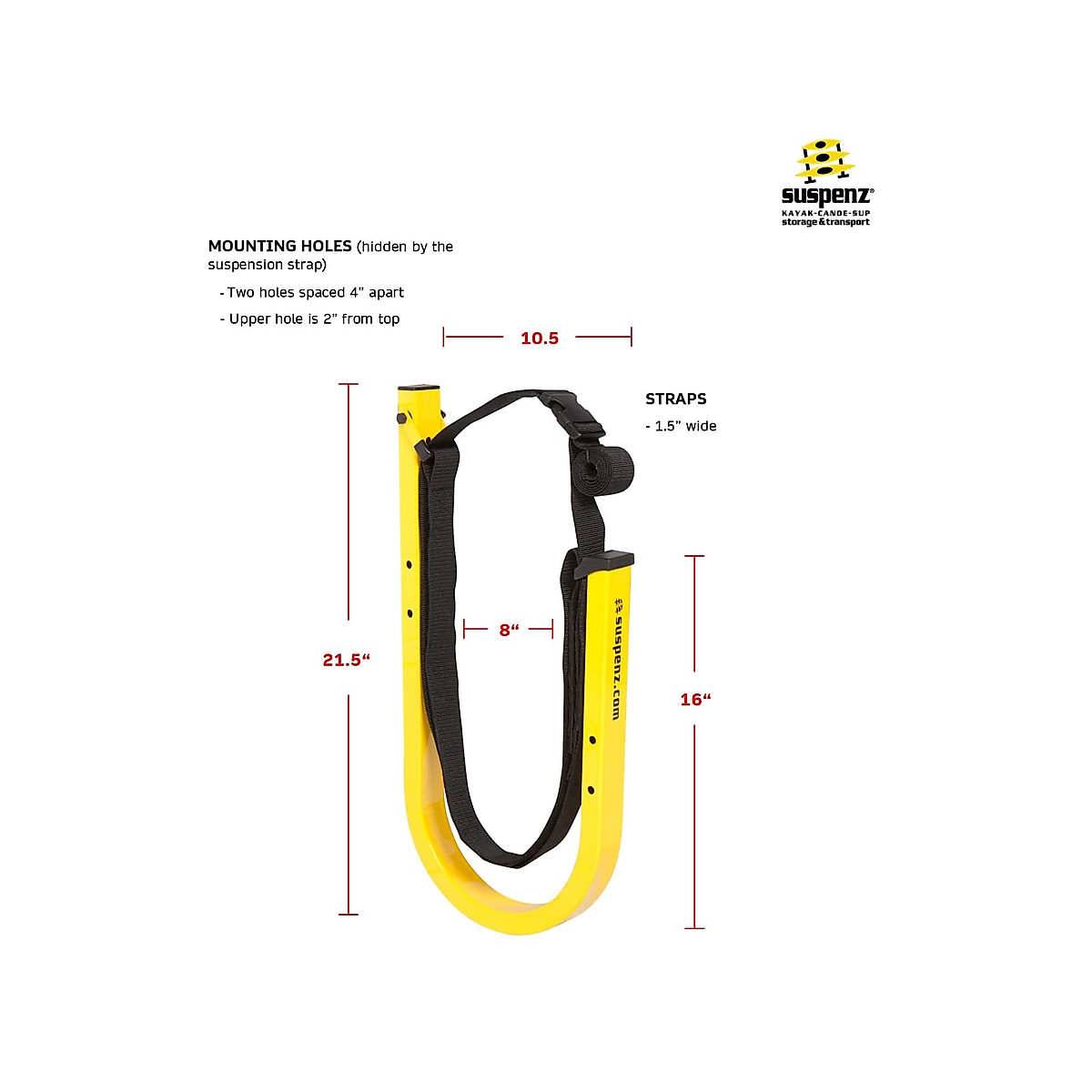 Suspenz SUP Wall Storage Rack, Stand Up Paddle Board and Surfboard Holder/Hook with Safety Straps, Yellow, (11-0701)