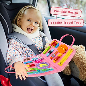 SPLAKS Toddler Busy Board with DIY Page, 20 in 1 Montessori Toys Sensory Activity Toys Preschool Educational Toys to Learn Basic Skills, for Airplane Car Travel (Pink)