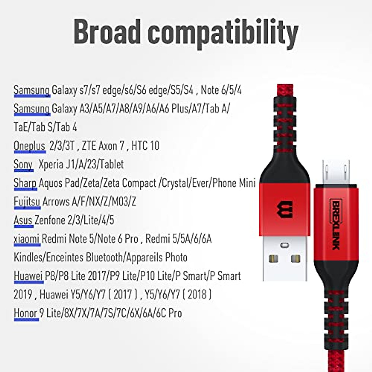 Micro USB Cable Android, BrexLink Micro USB to USB 2.0 Cable Nylon Braided Fast Charging Cable Compatible with Samsung, Kindle, Android Phones, Galaxy S7 Edge, Moto G5, PS4 (6.6ft+6.6ft, Red)