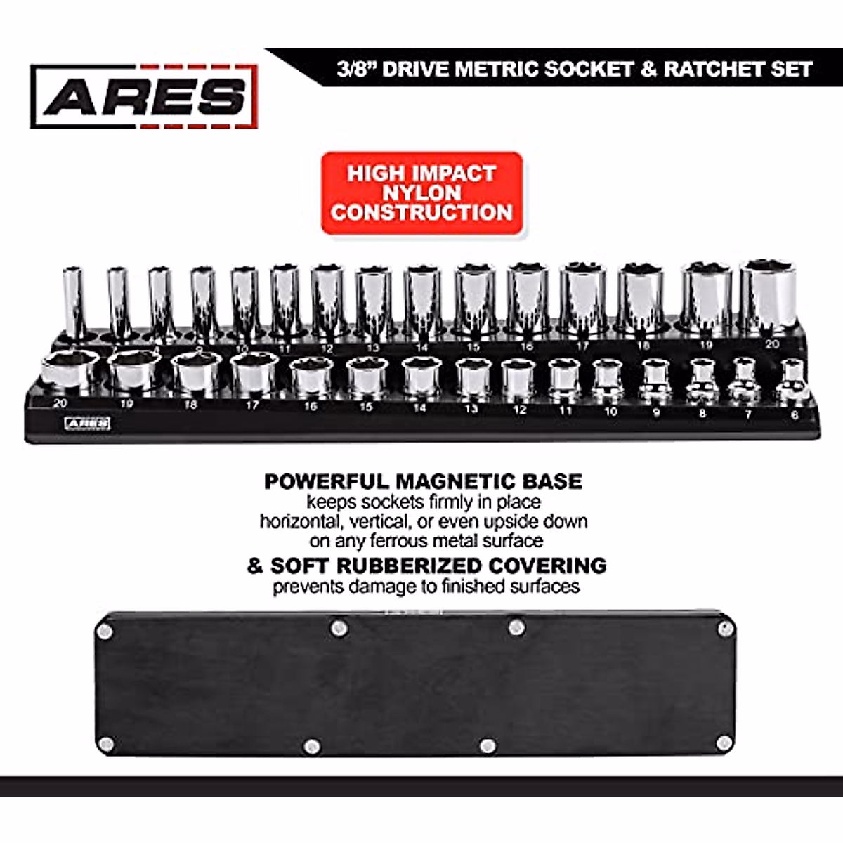 ARES 47004-32-Piece 3/8-inch Drive Metric Socket and 90-Tooth Ratchet Set with Magnetic Organizer - Sizes 6mm to 20mm Deep and Shallow Sockets
