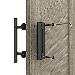 Genius Iron 12 Inch Sliding Barn Door Handle, Pull and Flush Hardware Set, Solid Cast Iron Rustic Style, Black