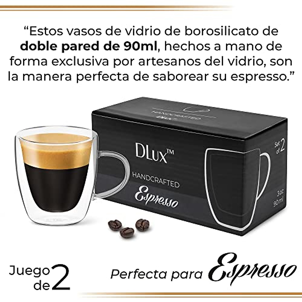 DLux Espresso Coffee Cups 3oz, Double Wall, Clear Glass Set of 2 Glasses with Handles, Insulated Borosilicate Glassware Tea Cup