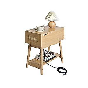 Labcosi Natural Rattan Side Table, Flip Top Nightstand with Charging Station, Mid Century Modern End Table for Living Room and Bedroom, Table with Storage Shelf