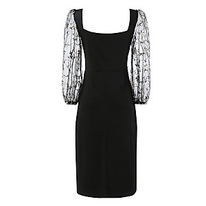 Beach Dresses for Women Women Square Neck Long Sleeve Dress Tulle Floral Embroidered Evening Dresses Wrap Hip Dress Black