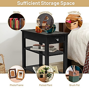 Giantex End Table with Drawer, Narrow Side Table with 2-Tier Open Storage Shelves, Slim Side End Table Compact Nightstand Bedside Table for Living Room Bedroom Small Space, Black