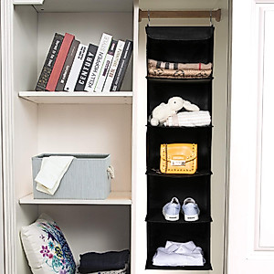 BrilliantJo 2 Pack Hanging Closet Organizer, 5 Shelves Hanging Storage with 6 Side Pockets for Clothes Shoes, 43"x12"x12"(Black)