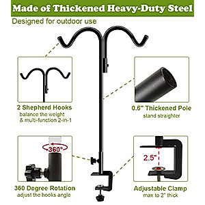Koutemie 40 Inch Tall Double Deck Hook for Railing, Adjustable Outdoor Shepherds Hook with 2-Inch Strengthened Clamp for Hanging Plant Bird Feeder, 1 Pack
