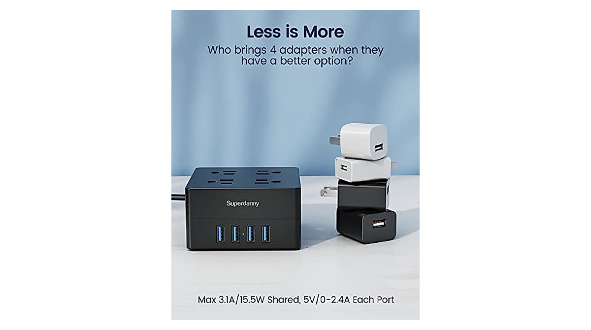 SUPERDANNY 5ft Power Strip: 4 Outlets, 4 USB, Surge Protection
