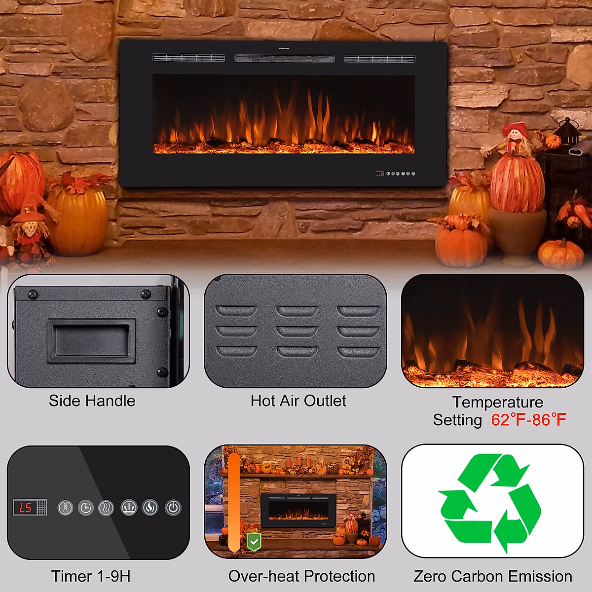 Benrocks 42'' Electric Fireplace Inserts, Recessed & Wall Mount Electric Heater and Linear Fireplace with Remote Control, Adjustable Flame Color, Temperature, Timer 750/1500W Black…