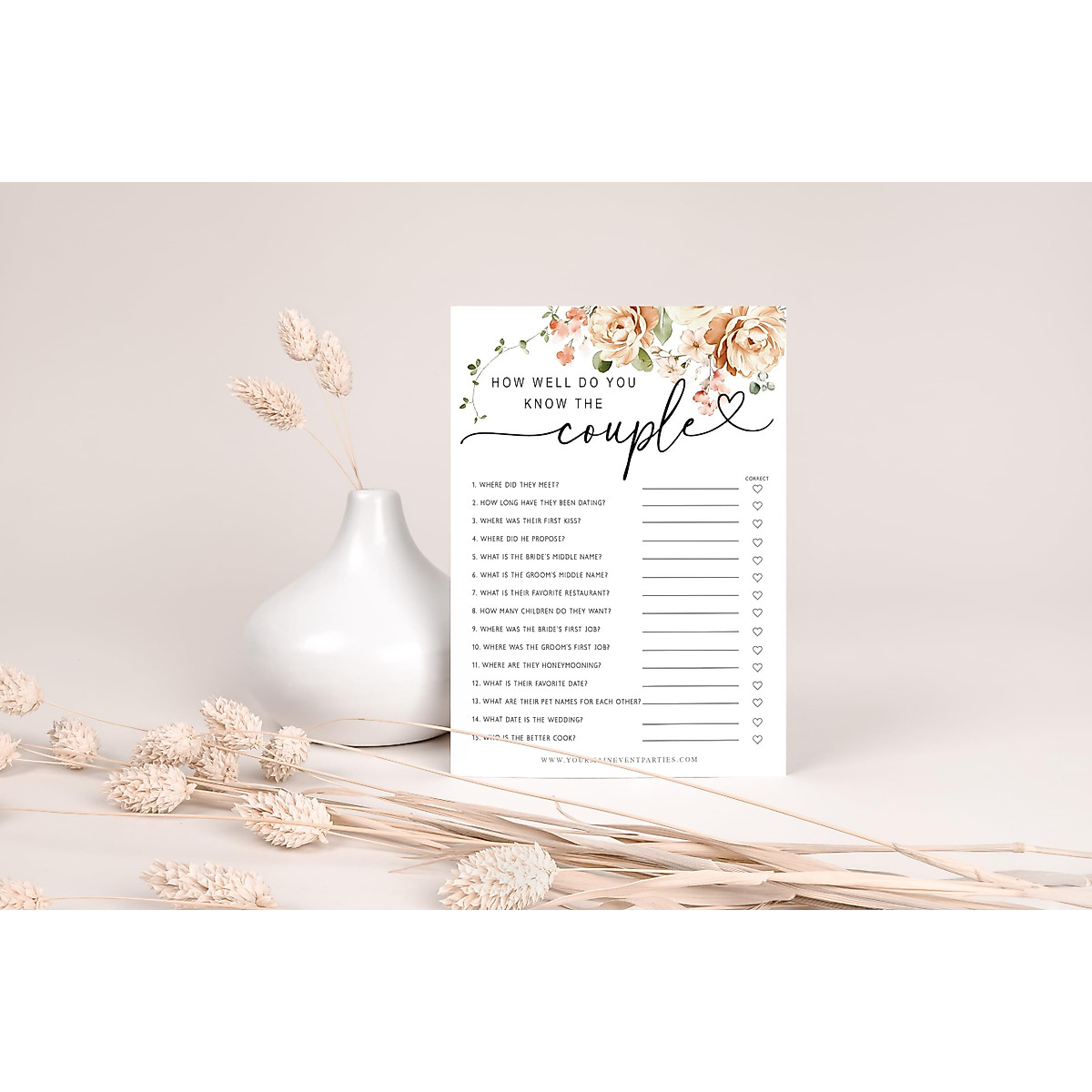 Your Main Event Prints 50 Pack of Bridal Shower Games, How Well Do You Know The Couple and Who Knows The Bride Best, Floral Modern Minimalistic Design.