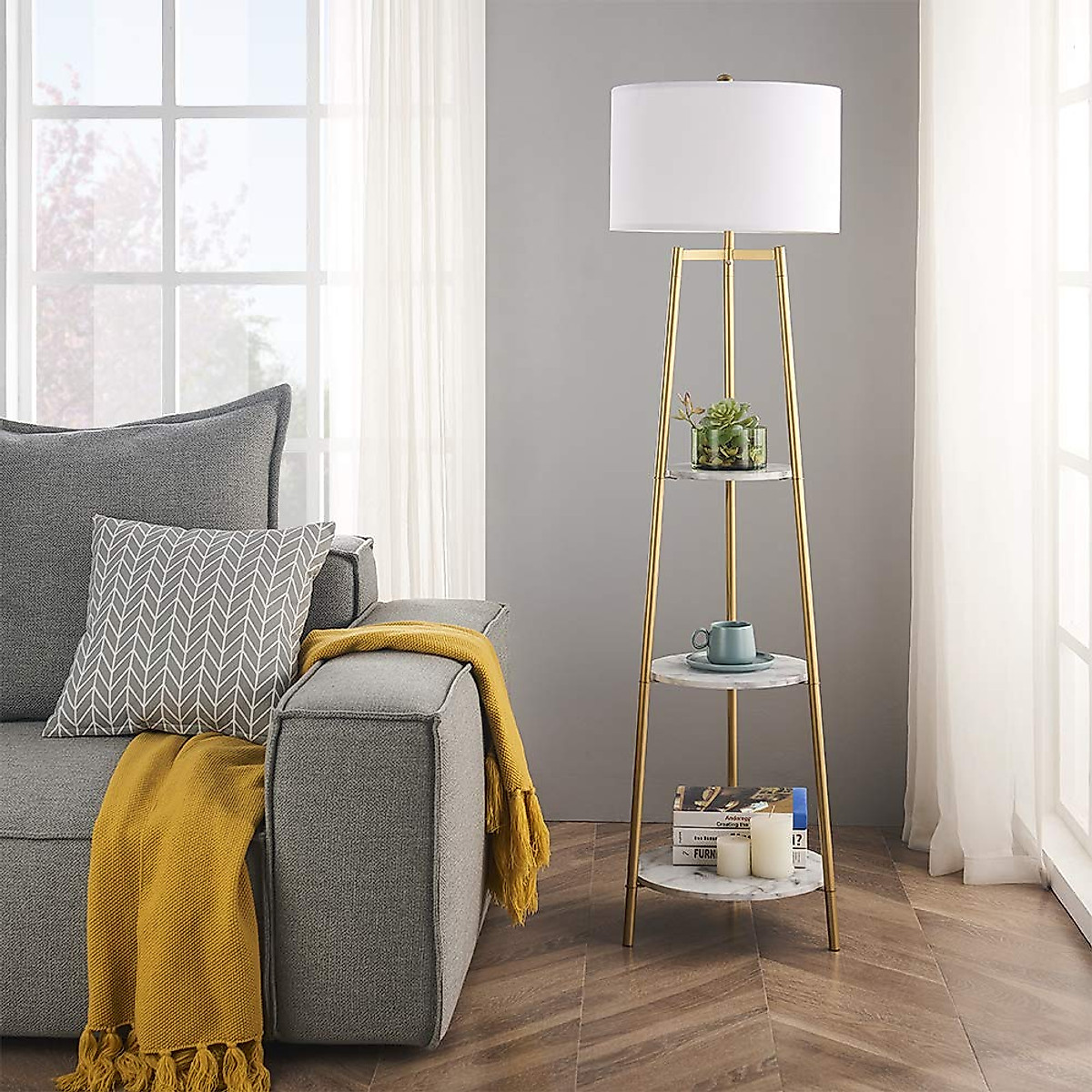 ROSEN GARDEN Floor Lamp, Standing Reading Light with Faux Marble Shelves and Fabric Shade, Modern Tall Pole, Accent Furniture Décor Lighting for Living Room, Bedrooms