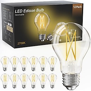 TJOY 12 Pack A19 Vintage LED Edison Bulbs, Dimmable Light Bulb 60W Equivalent, High Brightness 2700K Warm White, 7W E26 Standard Base, 800Lumens, CRI80+, Clear Glass Filament Bulb for Home, Farmhouse
