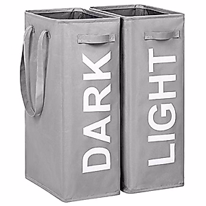 WOWLIVE Double 65L Slim Laundry Hamper 2 Pack Tall Thin Laundry Basket with Extended Handles Dark and Lights Separator Narrow Dirty Clothes Hamper Collapsible Laundry Organizer for Dorm Room (Grey)