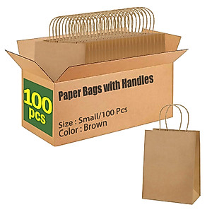 100 Pcs Brown Paper Bags with Handles,5x8x3 inch,Size Small,Paper Gift Bags,Kraft Paper Bags Bulk for Grocery/Business Owners/Shopping/Party/Goody/Retail/Takeouts/Birthday/christmas(Brown,S,100p)