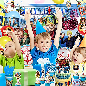 224Pcs Anmie Birthday Party Supplies, Anmie Birthday Party Decorations for 10 Guests, Include Banner, Cake & Cupcake Topper, Swirls, Backdrop, Tablewares, Balloons and Stickers for Kids Party Favors