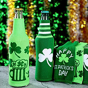 6 Packs St. Patricks Day-Themed Bottle Sleeves Green Shamrock Beer Bottle Covers Glass Beer Bottle Decor for Holiday Party Table Decorations