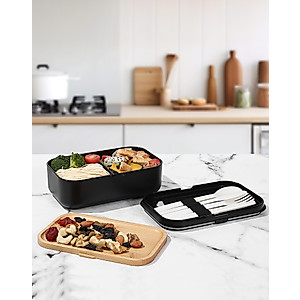 invvni Bento Box Lunch Box Containers for Adults Kids - Natural Bamboo Lid, Cutlery & Chopsticks, Microwave Safe, Dishwasher Safe, Bpa Free, Leakproof, Gifts for Women, Small