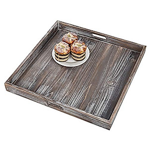 MyGift Torched Wood Large Serving Tray with Handles, 19 Inch Square Decorative Tray for Ottoman, Breakfast, Tea, Coffee Table