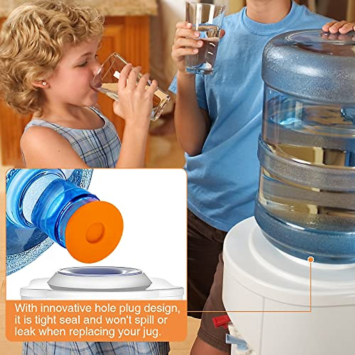 Sophico 5 Gallon Water Jug Cap, 55mm Water Bottle Caps, Silicone Reusable Bottles Lids Replacement, Non-Spill and Anti Splash (4 Pack, Orange)