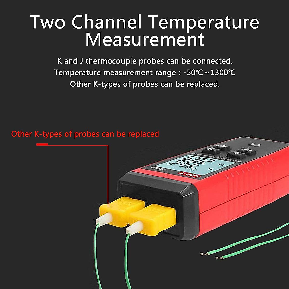 UNI-T K/J Type Thermocouple, Mini Contact Type Dual Channel Thermometer,Minus 58F to 2192F Wide Range Digital Thermometer, Pipe/Radiator/Probe Thermometer Temperature Gauge UT320D