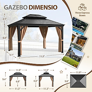 Flamaker Hardtop Gazebo 10' x 12' Aluminum Frame Outdoor Gazebo with Privacy Curtains and Gauze Mesh Sunshade Pavilion Double Roof Canopy for Patio, Lawn, Deck, Poolside