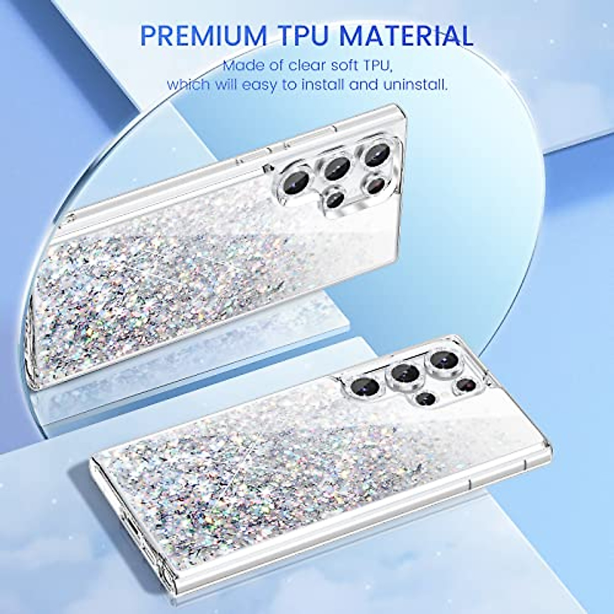 Caka [1+5] for Galaxy S23 Ultra Case, S23 Ultra Case Glitter with Camera Lens Protector for Women Girls Girly Sparkle Bling Liquid Phone Case for Samsung Galaxy S23 Ultra 5G - Clear Silver