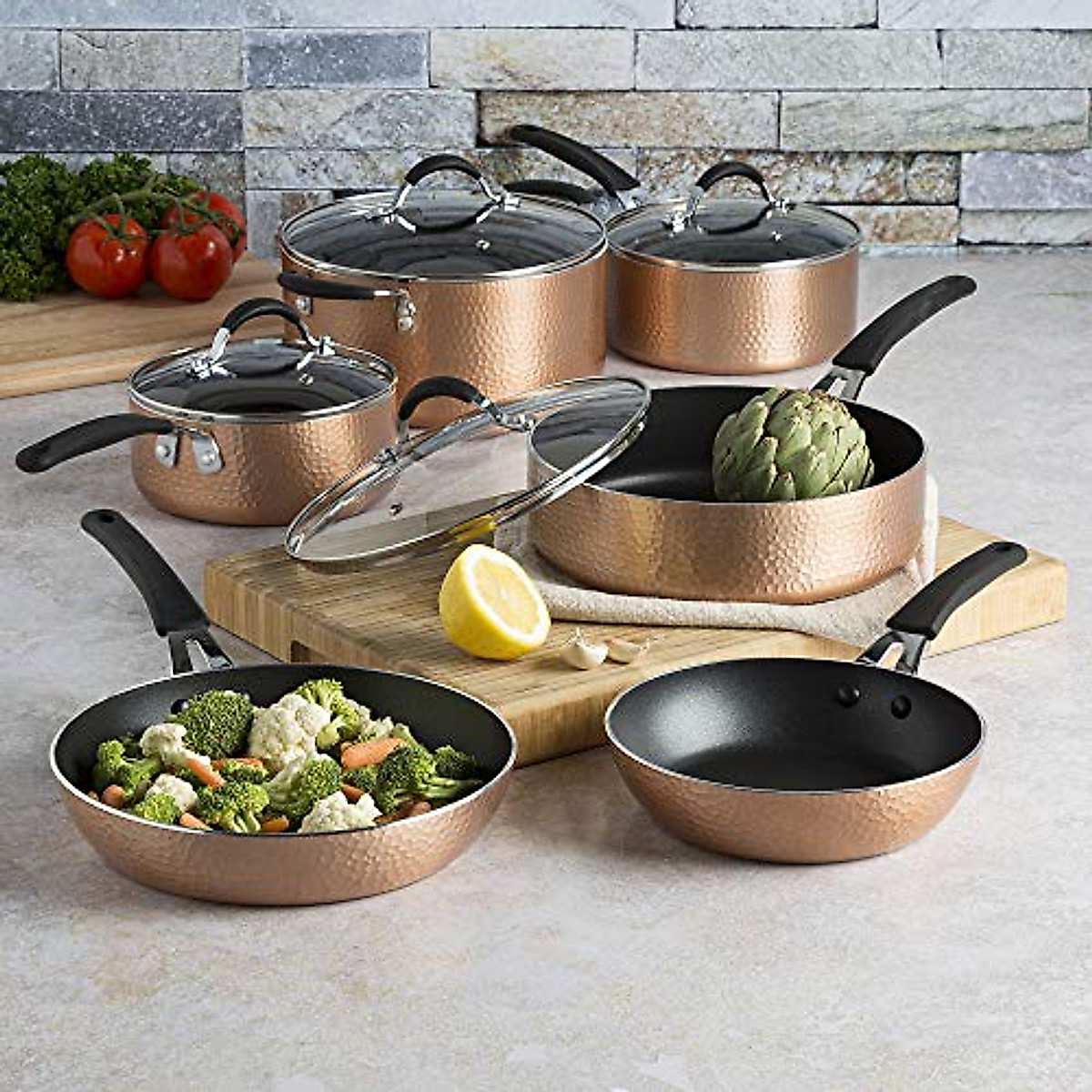 Ecolution Impressions Hammered Nonstick Pots and Pans Set, Dishwasher Safe Cookware with Riveted Stainless Steel Handles, 10-Piece, Copper